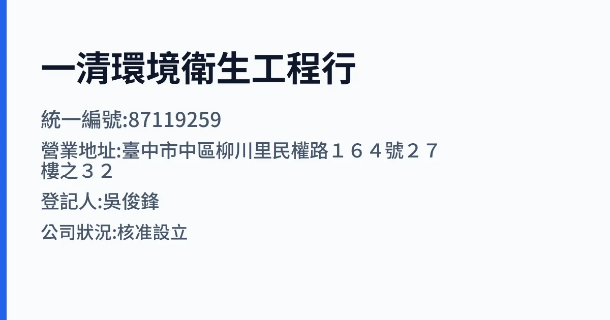 一清環境衛生工程行 - 統編 87119259(臺中市) 公司登記資料與營業項目詳細圖表
