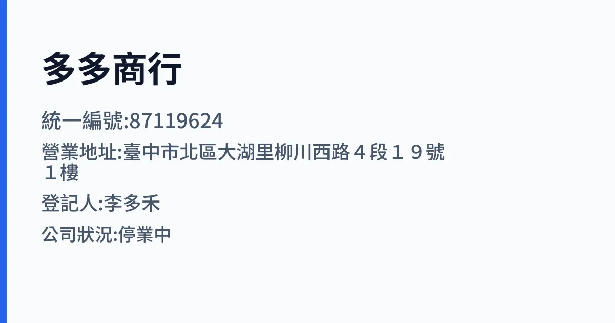 多多商行 - 統編 87119624(臺中市) 公司登記資料與營業項目詳細圖表