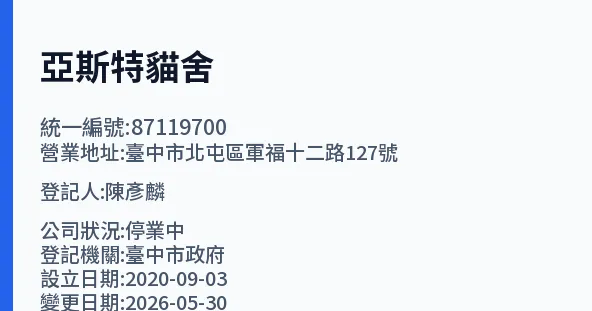 亞斯特貓舍的照片-統編 87119700(臺中市) 公司登記資料與營業項目詳細圖表
