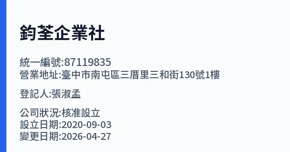 鈞荃企業社的照片-統編 87119835(臺中市) 公司登記資料與營業項目詳細圖表