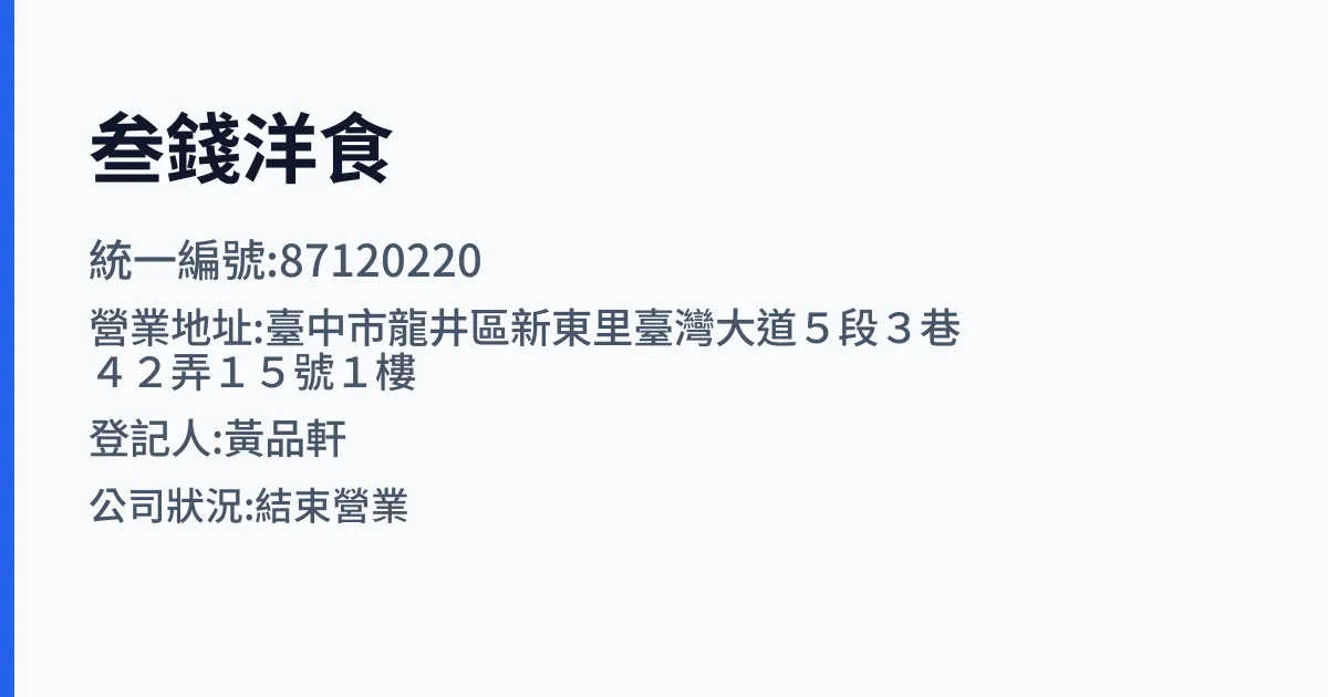 叁錢洋食 - 統編 87120220(臺中市) 公司登記資料與營業項目詳細圖表