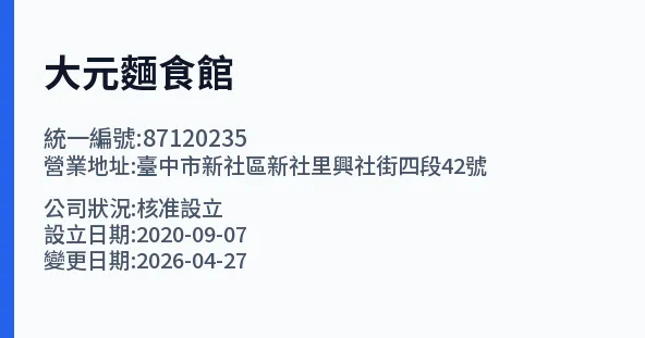 大元麵食館的照片-統編 87120235(臺中市) 公司登記資料與營業項目詳細圖表