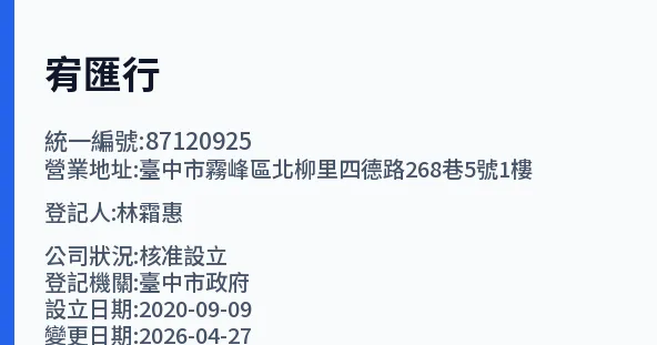 宥匯行的照片-統編 87120925(臺中市) 公司登記資料與營業項目詳細圖表