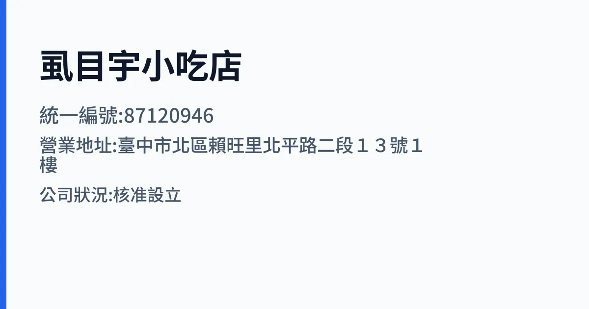 虱目宇小吃店 - 統編 87120946(臺中市) 公司登記資料與營業項目詳細圖表