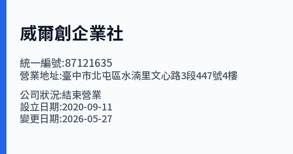 威爾創企業社的照片-統編 87121635(臺中市) 公司登記資料與營業項目詳細圖表