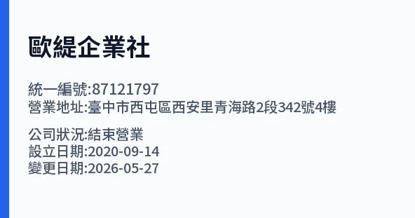 歐緹企業社的照片-統編 87121797(臺中市) 公司登記資料與營業項目詳細圖表