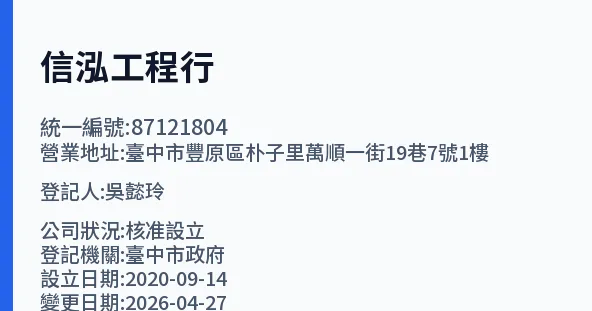 信泓工程行的照片-統編 87121804(臺中市) 公司登記資料與營業項目詳細圖表