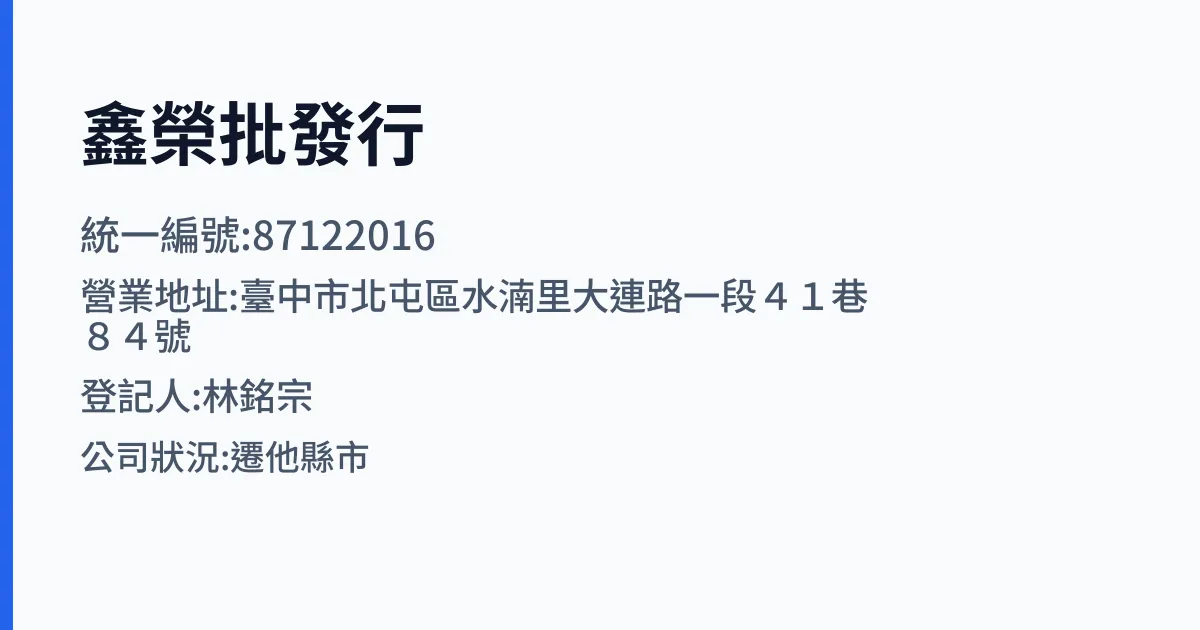 鑫榮批發行 - 統編 87122016(苗栗縣) 公司登記資料與營業項目詳細圖表