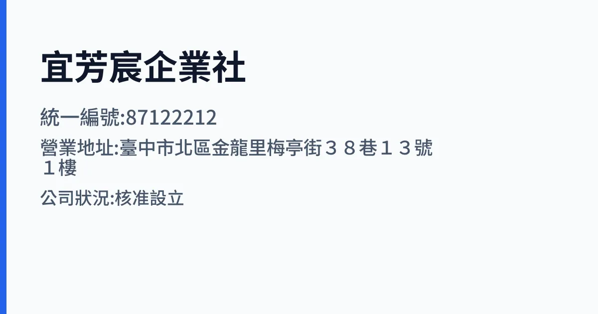 宜芳宸企業社 - 統編 87122212(臺中市) 公司登記資料與營業項目詳細圖表