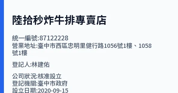陸拾秒炸牛排專賣店的照片-統編 87122228(臺中市) 公司登記資料與營業項目詳細圖表