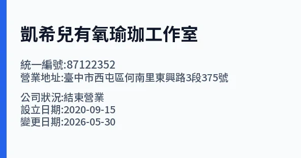 凱希兒有氧瑜珈工作室的照片-統編 87122352(臺中市) 公司登記資料與營業項目詳細圖表