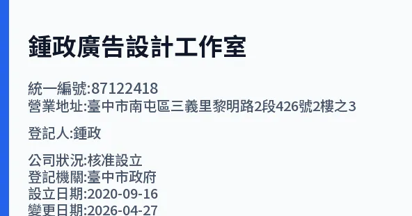 鍾政廣告設計工作室的照片-統編 87122418(臺中市) 公司登記資料與營業項目詳細圖表