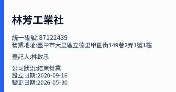 林芳工業社的照片-統編 87122439(臺中市) 公司登記資料與營業項目詳細圖表