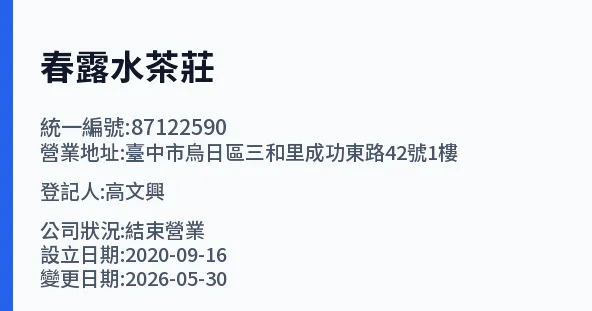 春露水茶莊的照片-統編 87122590(臺中市) 公司登記資料與營業項目詳細圖表