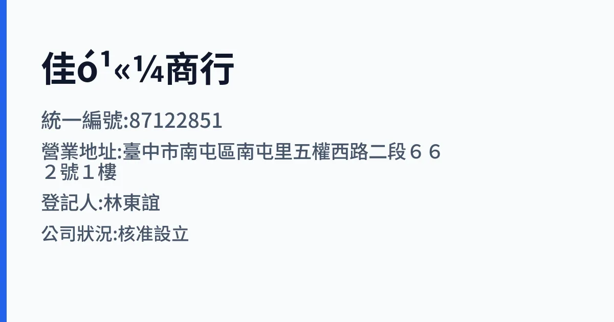 佳󹫼商行 - 統編 87122851(臺中市) 公司登記資料與營業項目詳細圖表