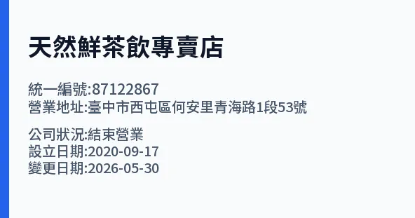 天然鮮茶飲專賣店的照片-統編 87122867(臺中市) 公司登記資料與營業項目詳細圖表