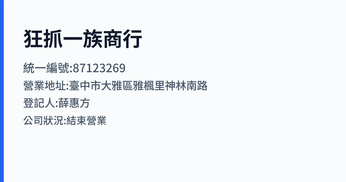狂抓一族商行 - 統編 87123269(臺中市) 公司登記資料與營業項目詳細圖表
