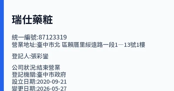 瑞仕藥粧的照片-統編 87123319(臺中市) 公司登記資料與營業項目詳細圖表