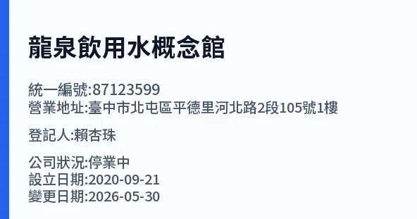 龍泉飲用水概念館的照片-統編 87123599(臺中市) 公司登記資料與營業項目詳細圖表
