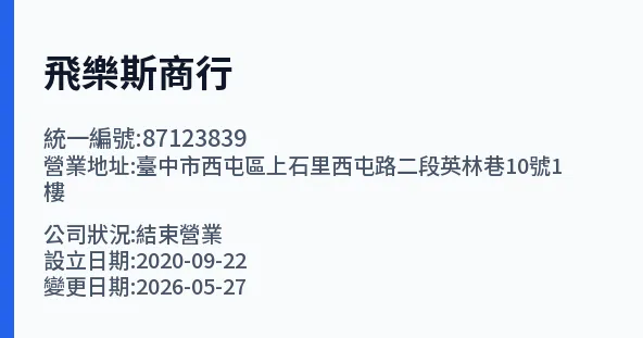 飛樂斯商行的照片-統編 87123839(臺中市) 公司登記資料與營業項目詳細圖表