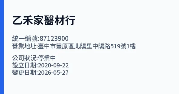 乙禾家醫材行的照片-統編 87123900(臺中市) 公司登記資料與營業項目詳細圖表