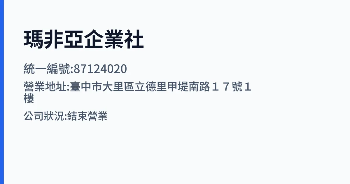 瑪非亞企業社 - 統編 87124020（臺中市） 公司登記資料與營業項目詳細圖表