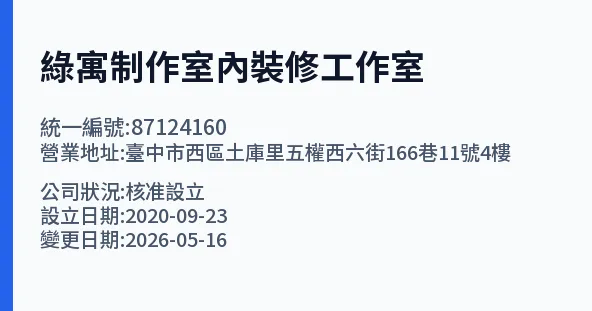 綠寓制作室內裝修工作室的照片-統編 87124160(臺中市) 公司登記資料與營業項目詳細圖表