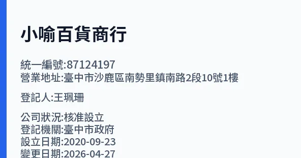 小喻百貨商行的照片-統編 87124197(臺中市) 公司登記資料與營業項目詳細圖表
