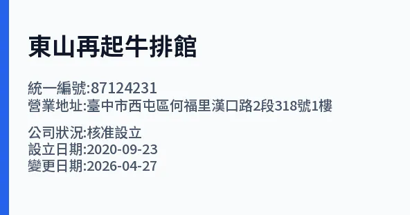 東山再起牛排館的照片-統編 87124231(臺中市) 公司登記資料與營業項目詳細圖表