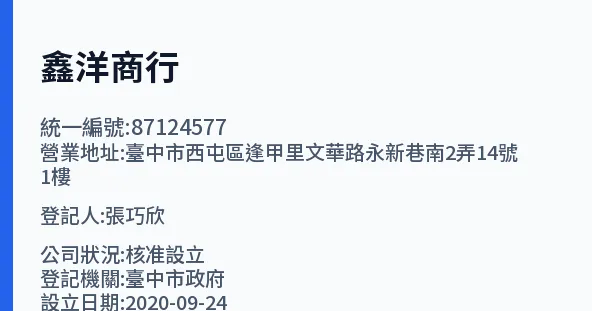 鑫洋商行的照片-統編 87124577(臺中市) 公司登記資料與營業項目詳細圖表