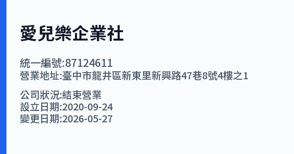 愛兒樂企業社的照片-統編 87124611(臺中市) 公司登記資料與營業項目詳細圖表