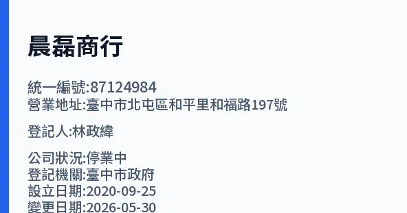 晨磊商行的照片-統編 87124984(臺中市) 公司登記資料與營業項目詳細圖表
