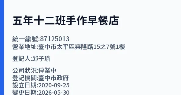 五年十二班手作早餐店的照片-統編 87125013(臺中市) 公司登記資料與營業項目詳細圖表
