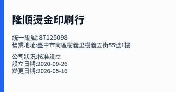 隆順燙金印刷行的照片-統編 87125098(臺中市) 公司登記資料與營業項目詳細圖表