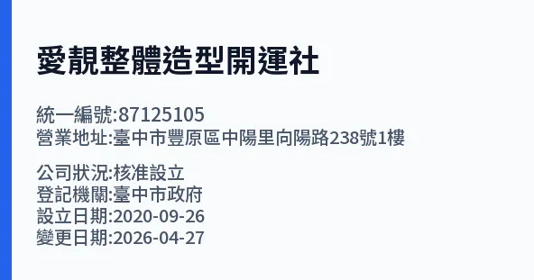愛靚整體造型開運社的照片-統編 87125105(臺中市) 公司登記資料與營業項目詳細圖表