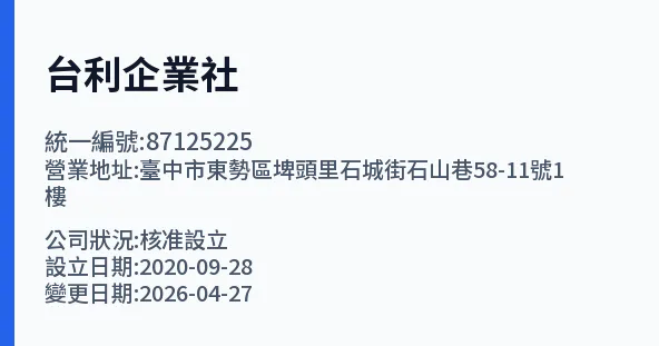 台利企業社的照片-統編 87125225(臺中市) 公司登記資料與營業項目詳細圖表