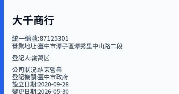 大千商行的照片-統編 87125301(臺中市) 公司登記資料與營業項目詳細圖表