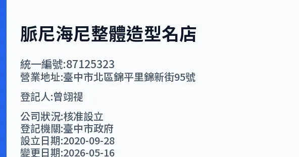 脈尼海尼整體造型名店的照片-統編 87125323(臺中市) 公司登記資料與營業項目詳細圖表