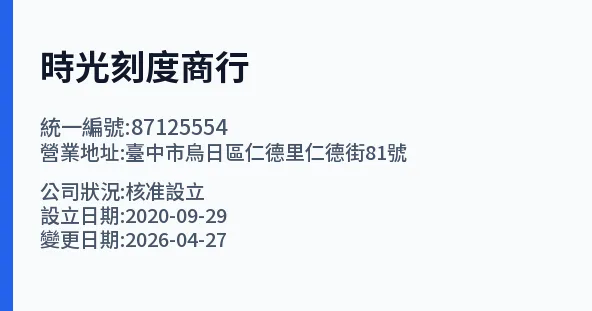 時光刻度商行的照片-統編 87125554(臺中市) 公司登記資料與營業項目詳細圖表