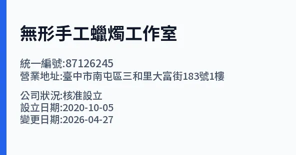 無形手工蠟燭工作室的照片-統編 87126245(臺中市) 公司登記資料與營業項目詳細圖表