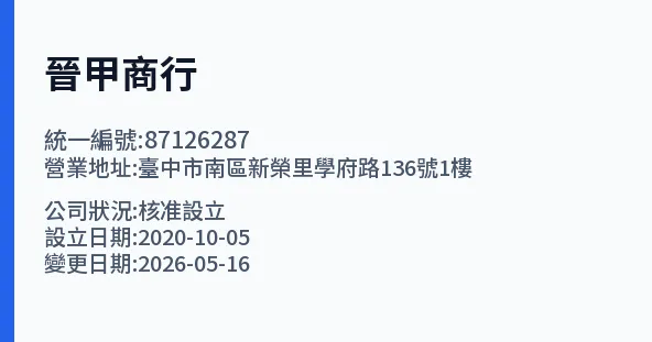 晉甲商行的照片-統編 87126287(臺中市) 公司登記資料與營業項目詳細圖表