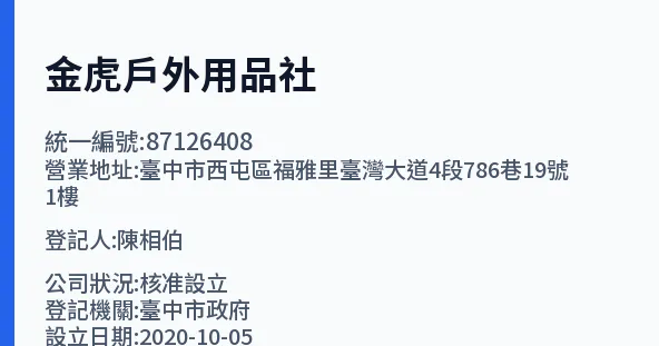 金虎戶外用品社的照片-統編 87126408(臺中市) 公司登記資料與營業項目詳細圖表