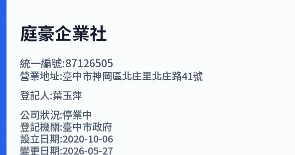 庭豪企業社的照片-統編 87126505(臺中市) 公司登記資料與營業項目詳細圖表