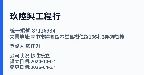 玖陸興工程行的照片-統編 87126934(臺中市) 公司登記資料與營業項目詳細圖表