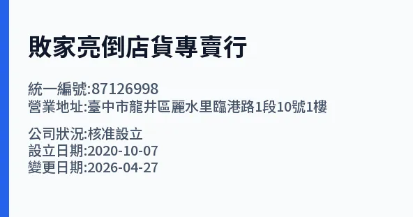 敗家亮倒店貨專賣行的照片-統編 87126998(臺中市) 公司登記資料與營業項目詳細圖表