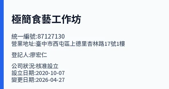 極簡食藝工作坊的照片-統編 87127130(臺中市) 公司登記資料與營業項目詳細圖表