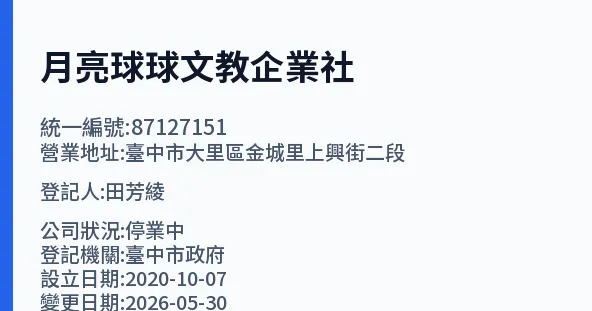 月亮球球文教企業社的照片-統編 87127151(臺中市) 公司登記資料與營業項目詳細圖表