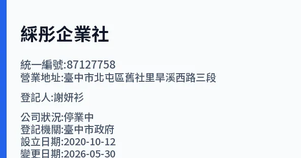 綵彤企業社的照片-統編 87127758(臺中市) 公司登記資料與營業項目詳細圖表