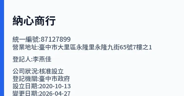 納心商行的照片-統編 87127899(臺中市) 公司登記資料與營業項目詳細圖表