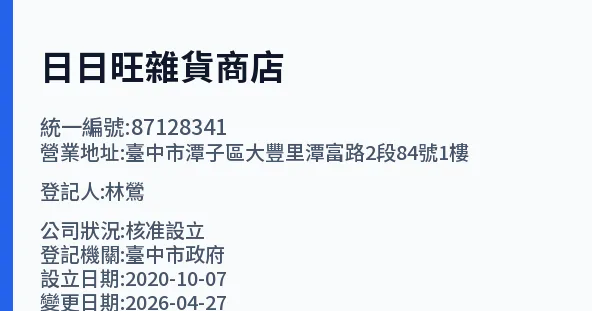 日日旺雜貨商店的照片-統編 87128341(臺中市) 公司登記資料與營業項目詳細圖表